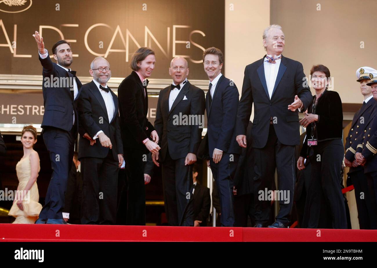 From left, actors Jason Schwartzman, Bob Balaban, director Wes Anderson ...