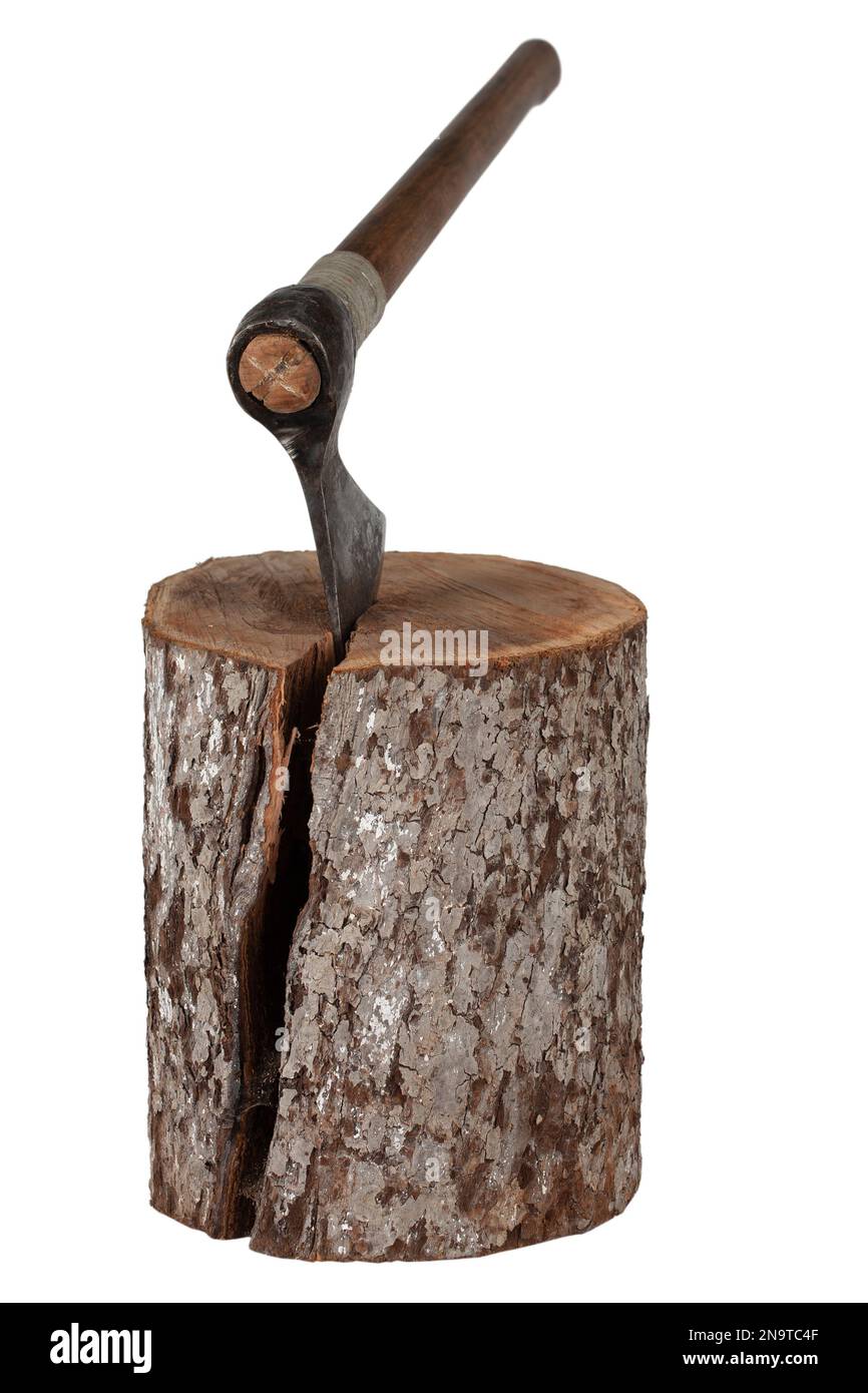 antique axe with wooden handle in wood log on white background Stock ...