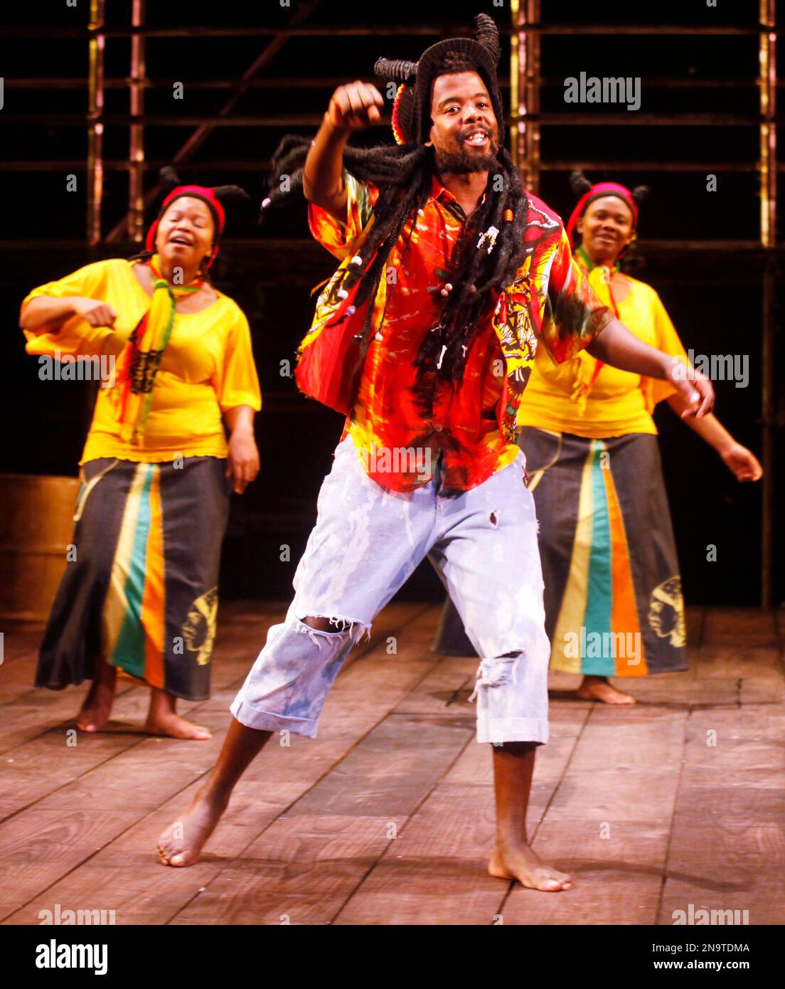 Mandisi Dyantyis of the Isango Ensemble, performs in Aesop's Fables at ...