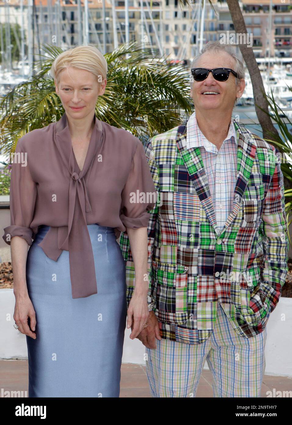 Actors Tilda Swinton, left, and Bill Murray pose during a photo call ...