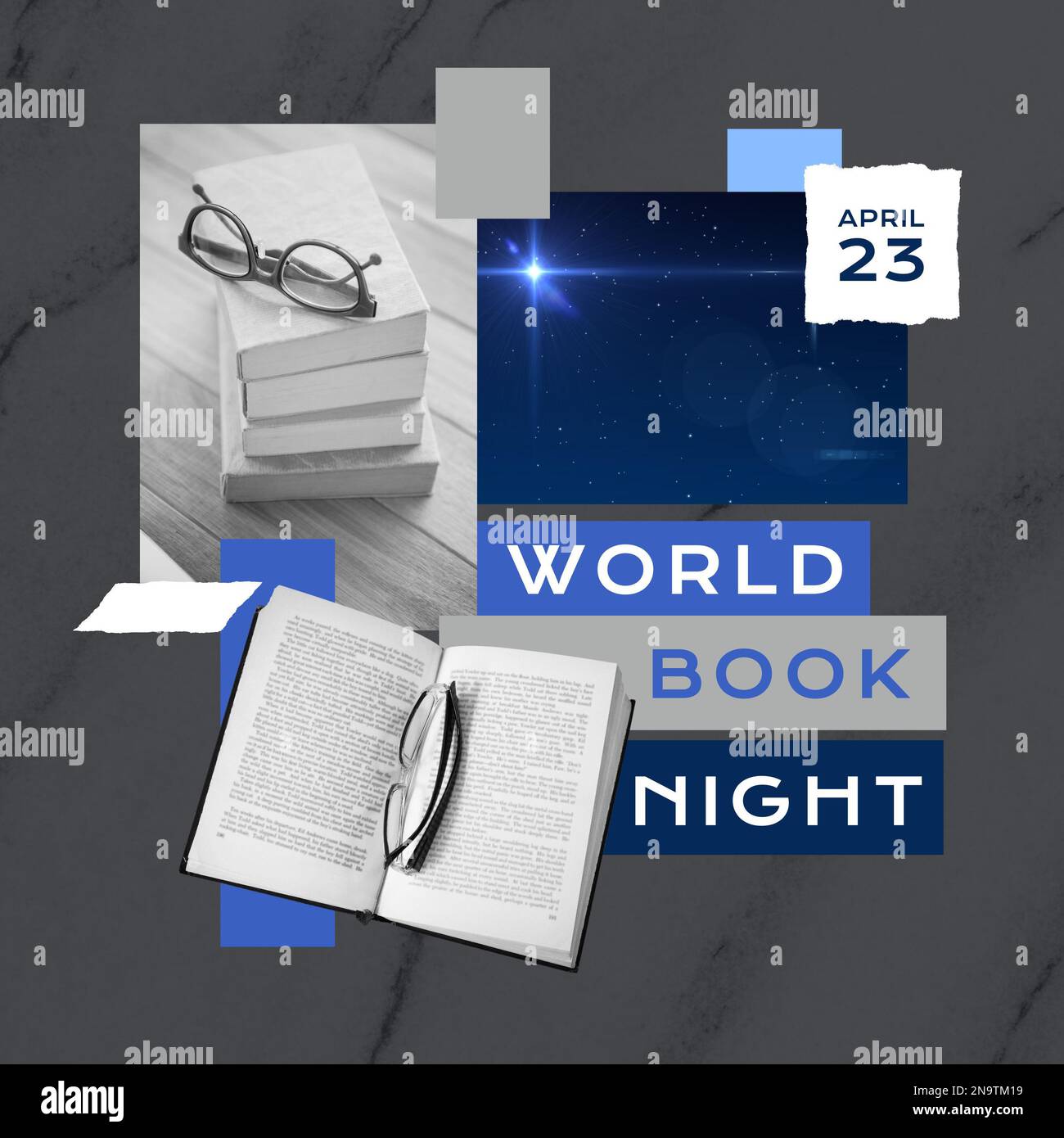 Composition of world book night text over books and reading glasses on grey background Stock ...