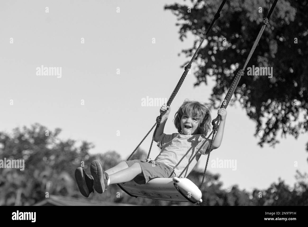 Child swing outdoor. Kid playing on backyard. Happy cute little boy swinging and having fun ...