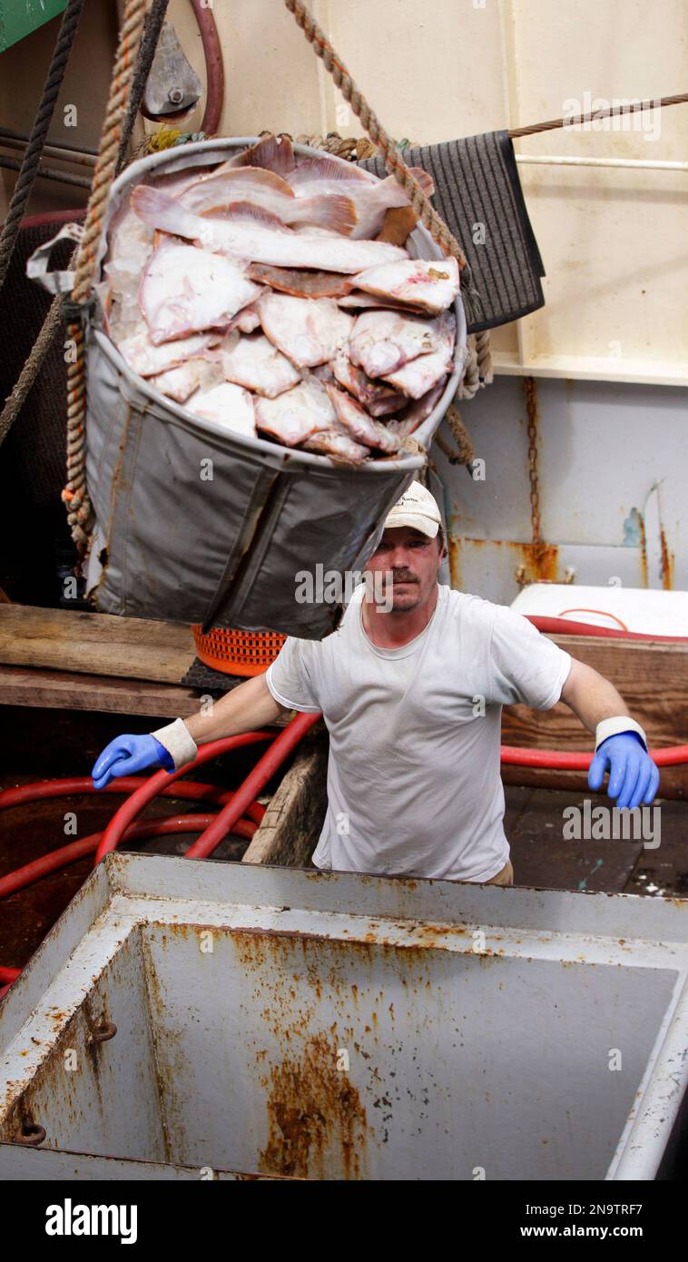 Crewman Jeremy Prior of the fishing vessel Green Acres guides a basket ...