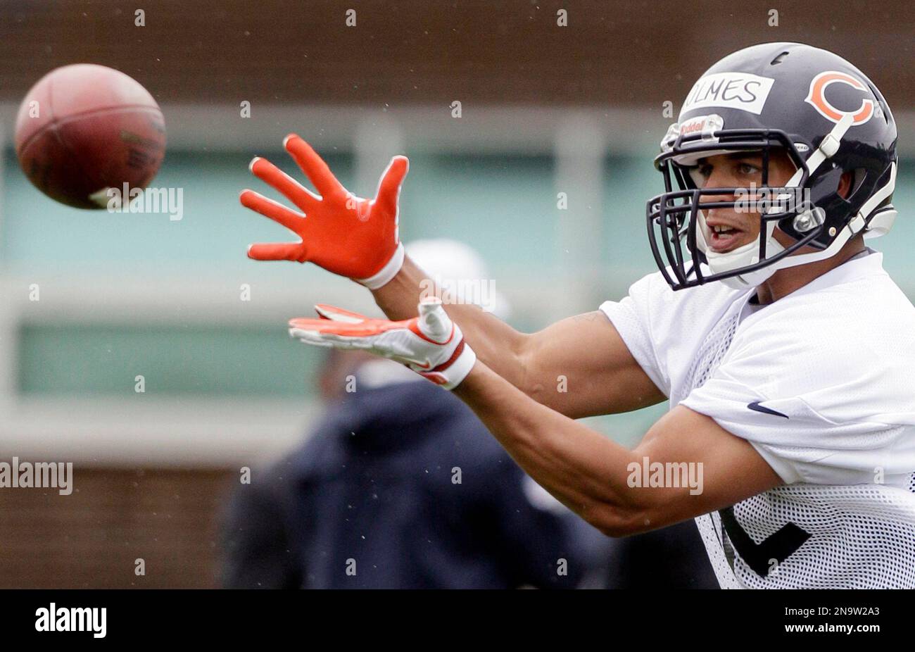 Chicago Bears tryout linebacker Tyler Holmes tries to catch a ball ...