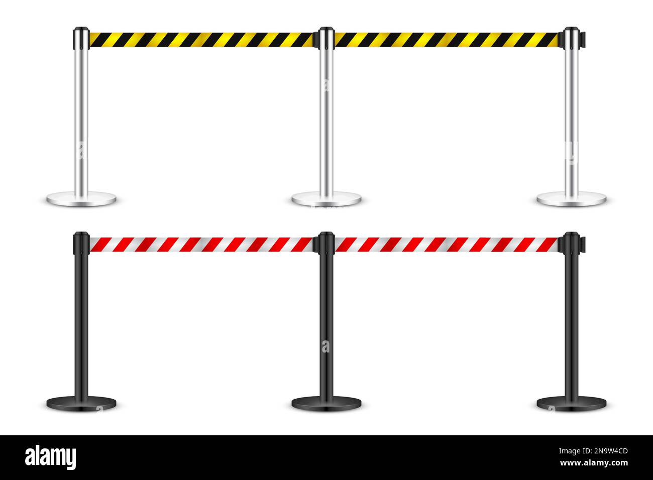 Realistic yellow and red retractable belt stanchion. Crowd control ...