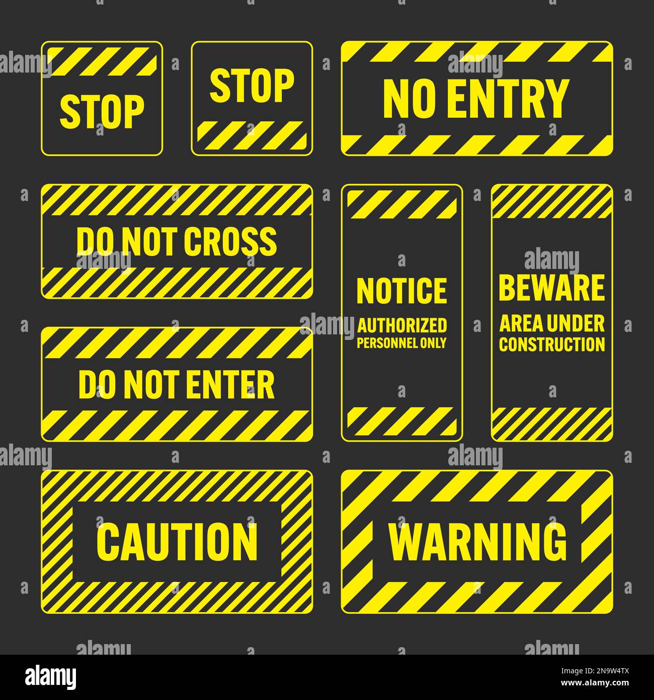 Various yellow warning signs with diagonal lines. Attention, danger or ...