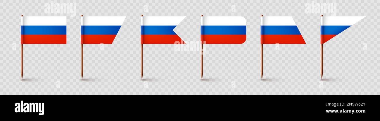Realistic various Russian toothpick flags. Souvenir from Russia. Wooden ...