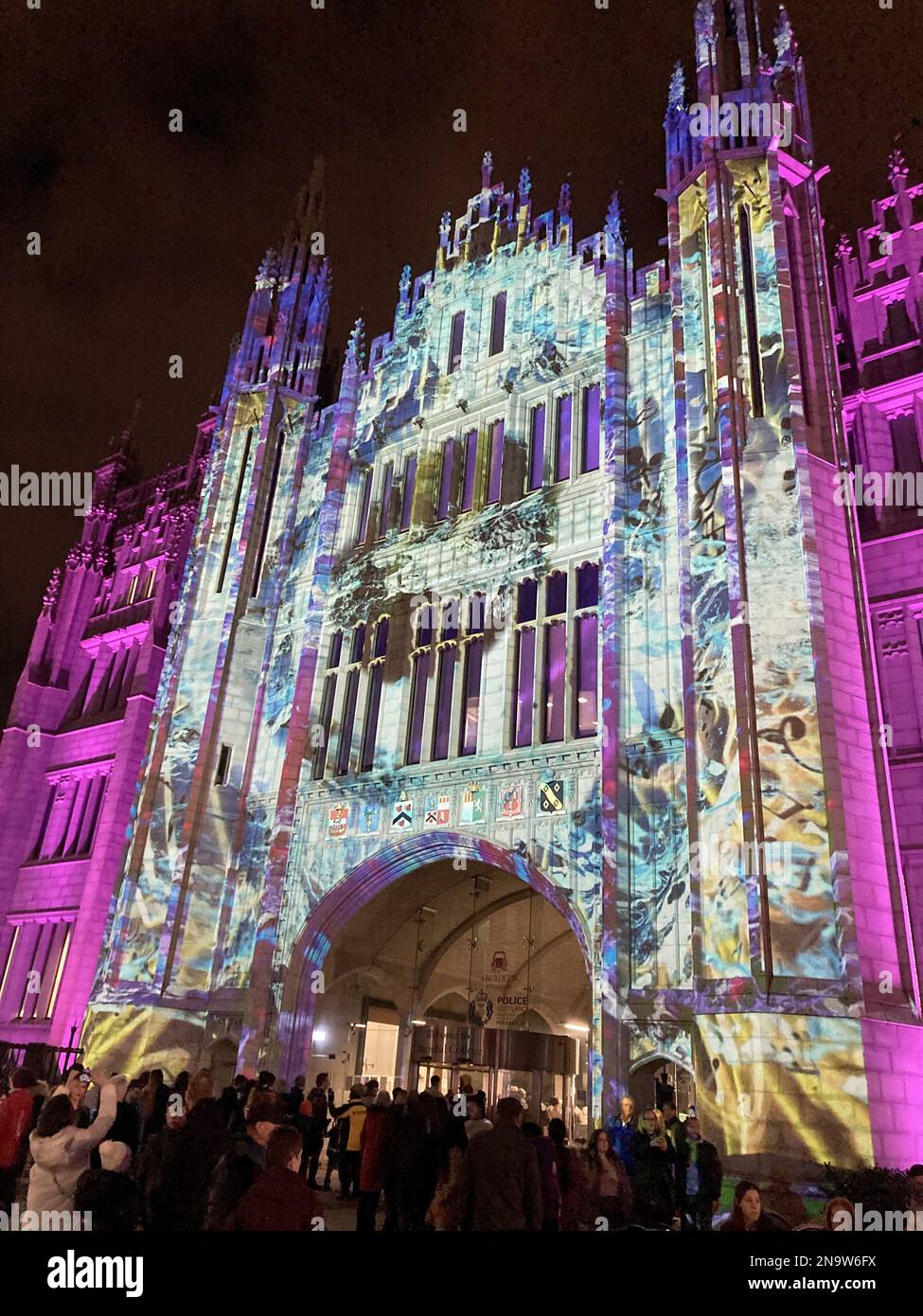 ABERDEEN, SCOTLAND - 12 FEBRUARY 2023: Light projections on the front ...