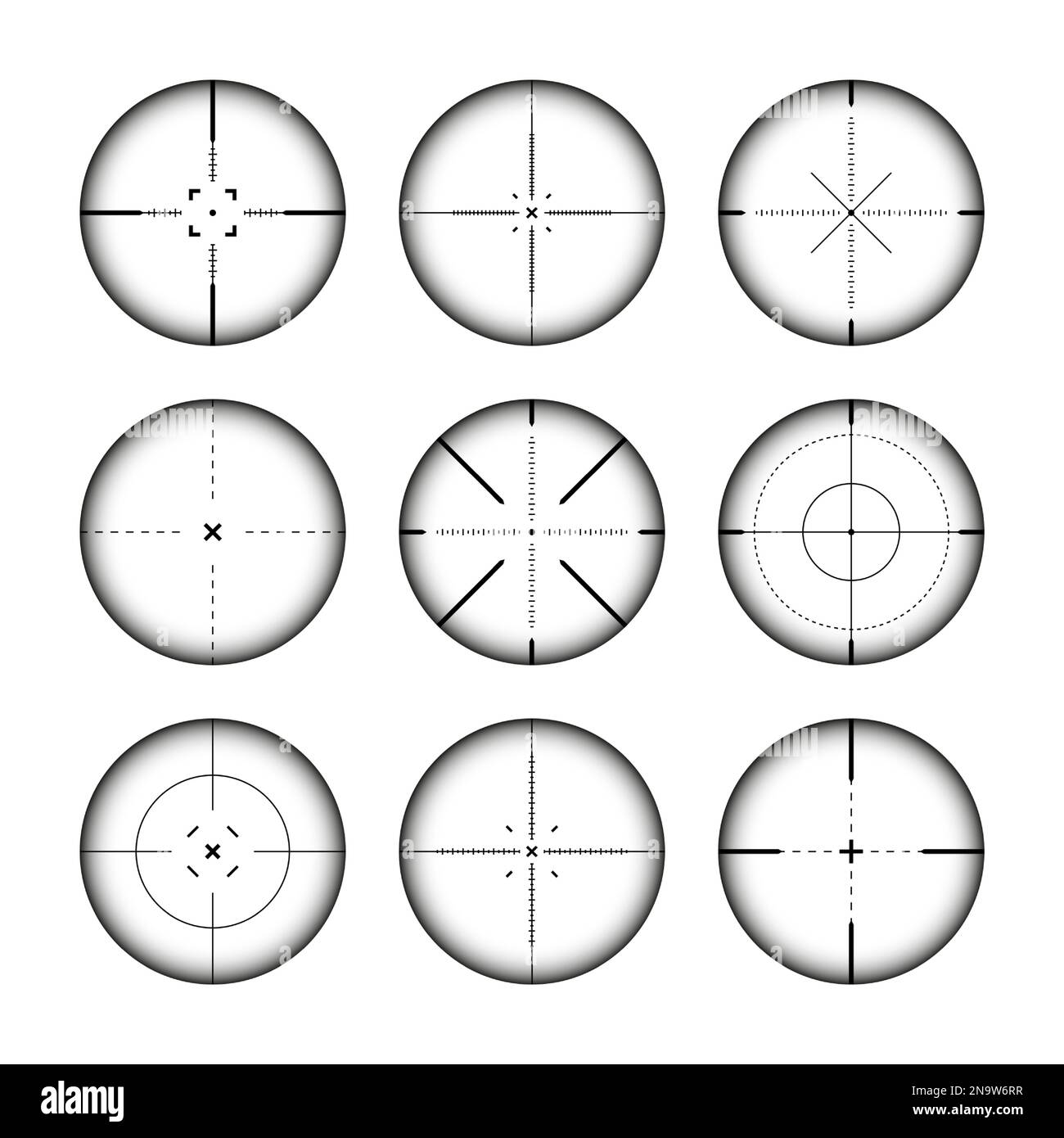 Various weapon sights, sniper rifle optical scopes. Hunting gun ...