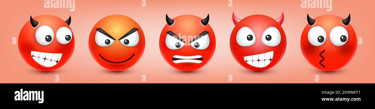 Cartoon emoji, emoticons collection. Red face with emotions, mood ...