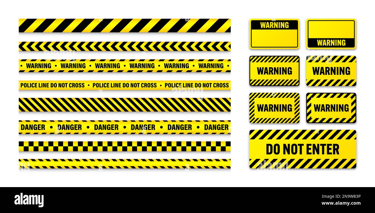 Various barricade construction tapes and warning shields. Yellow police ...