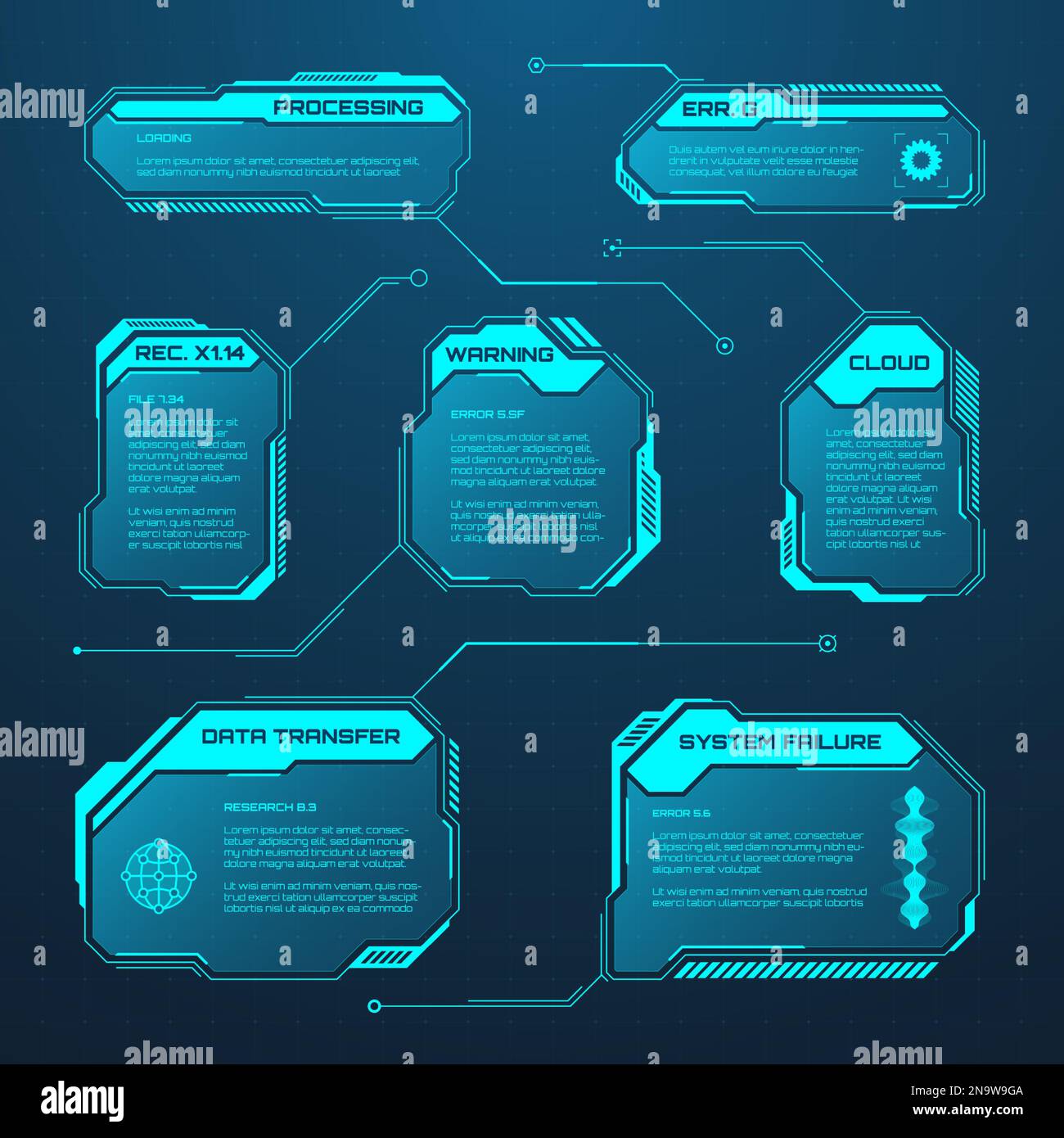 Blue futuristic HUD or UI elements. Sci-fi user interface text boxes, callouts. Warning message ...