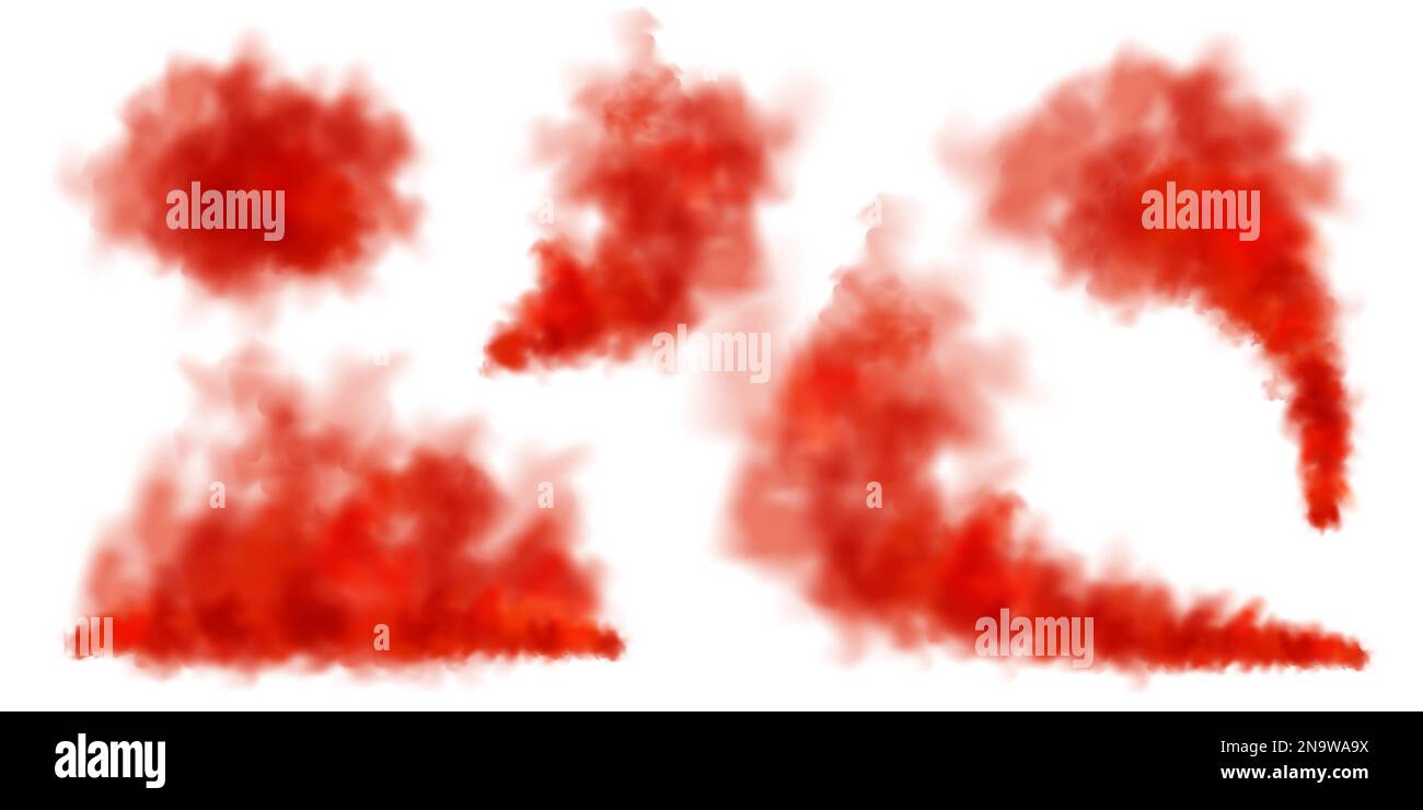 Red colorful smoke clouds isolated on white background, realistic mist ...