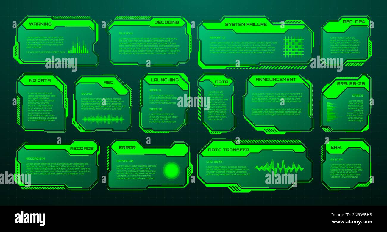 Green futuristic HUD, UI elements. Sci-fi user interface text boxes ...