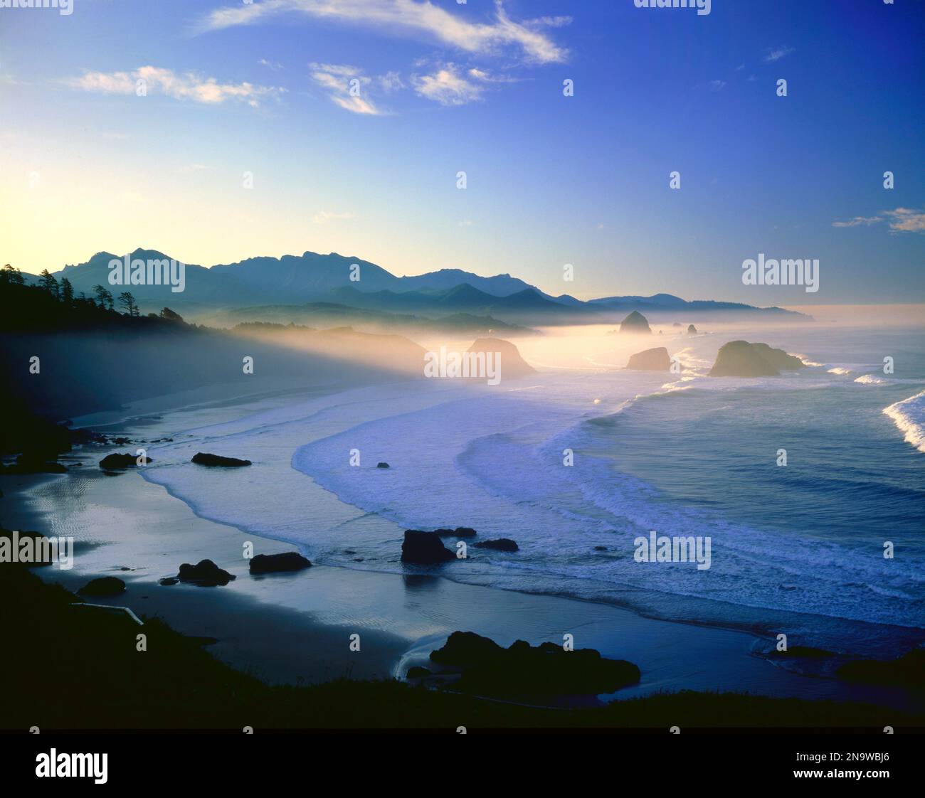 Morning fog adds beauty to Ecola State Park looking south to Haystack ...