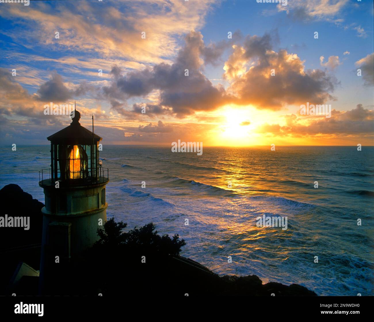 Heceta Head Light illuminated at dusk on the Oregon Coast in Heceta ...