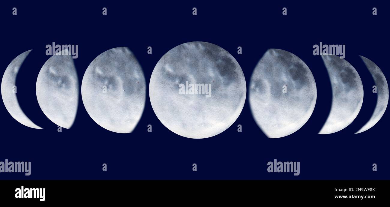 Watercolor moon phases. Hand painted various phases isolated on night ...