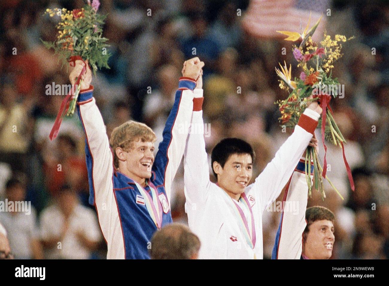 America's Peter Vidmar and Li Ning of China on the podium after they ...