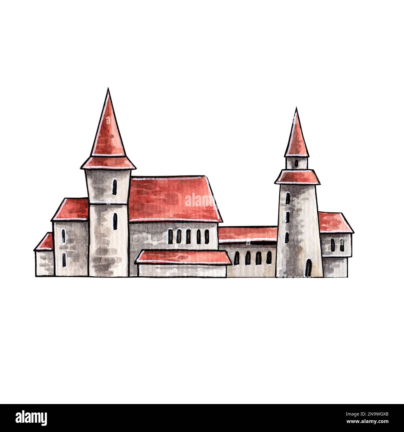 Watercolor illustration of medieval castles. Fabulous buildings ...