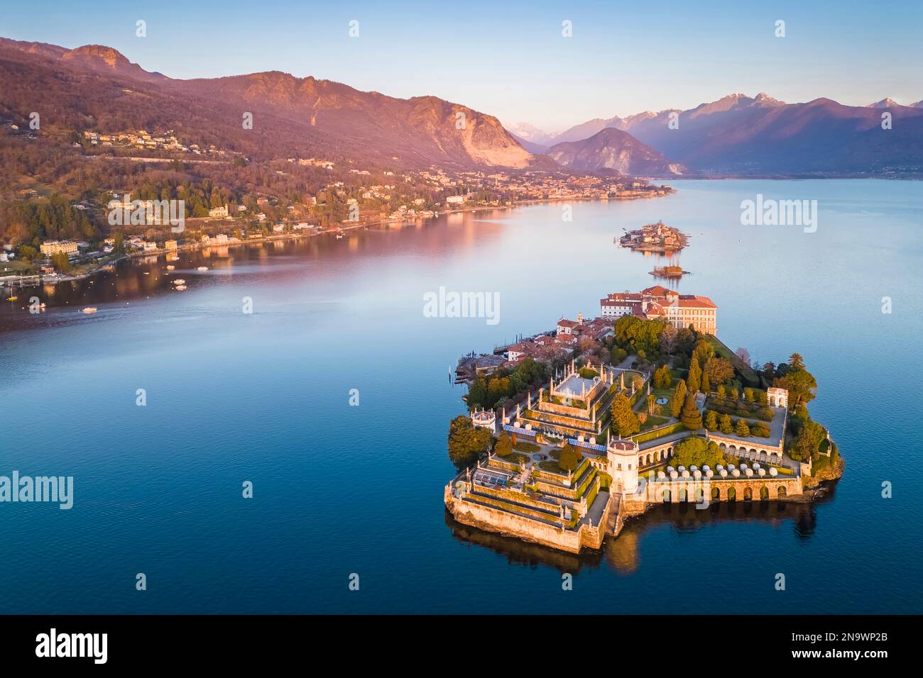 Aerial view of the Borromean Islands during a winter sunrise. Stresa ...