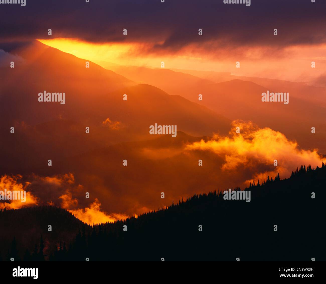 Sun Setting behind Mountain Range, Olympic National Park, Washington ...