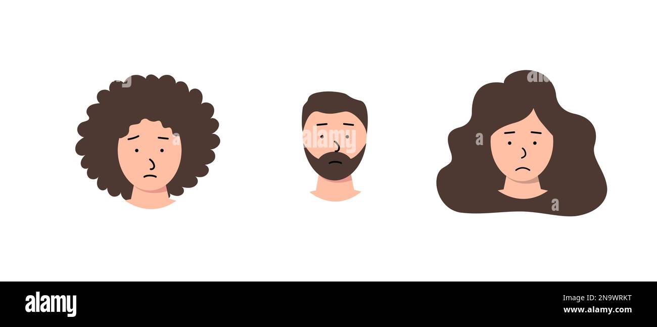 Set of faces of people with sad emotion. Different types of human heads ...