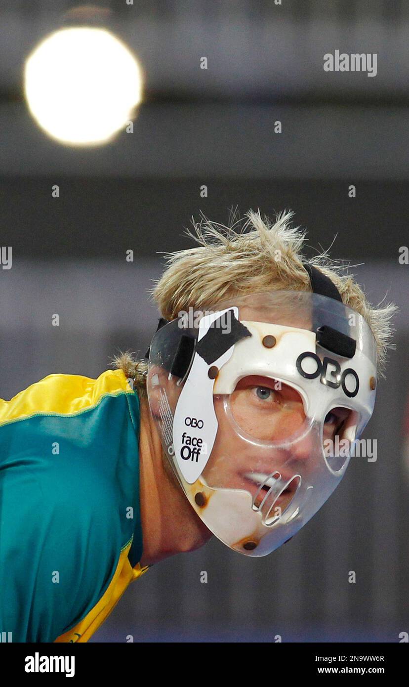 Australia's Timothy Deavin prepares to defend a German penalty corner ...