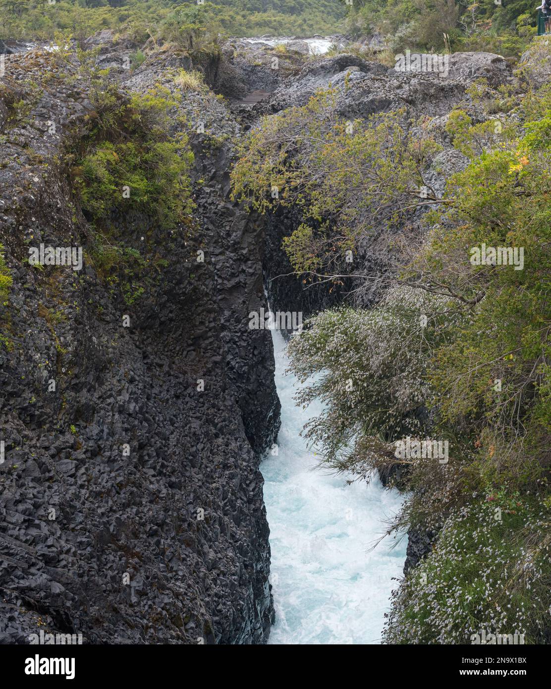 Water cascading down the falls at Petrohue by the Osorno volcano in ...