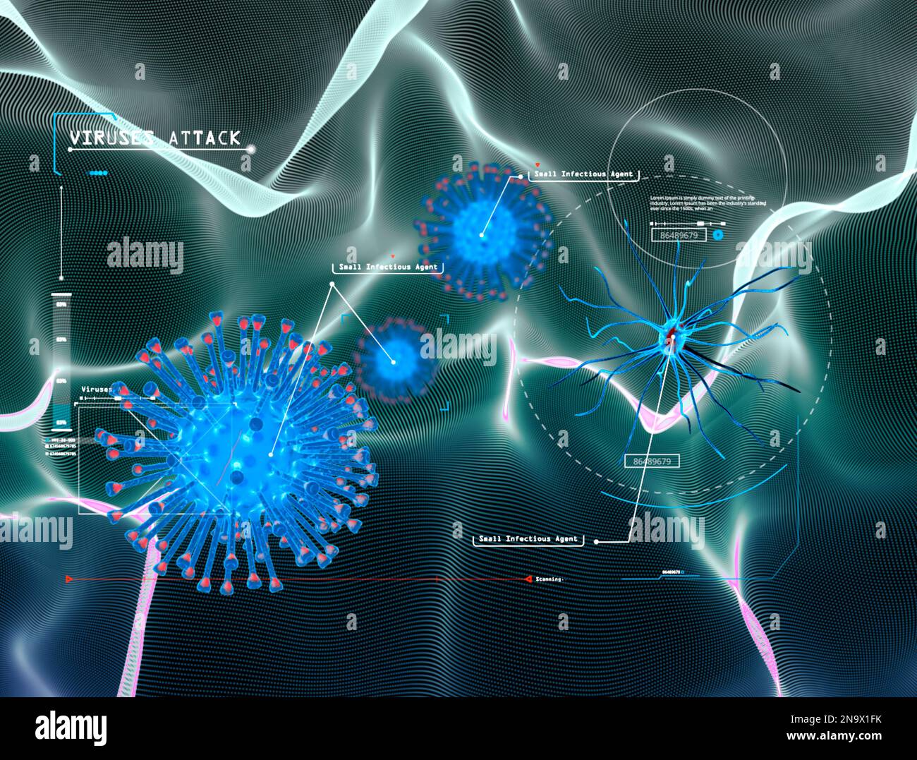 Human body attacked by viruses, scientific research. Genetic experimentation. Data reprocessing ...