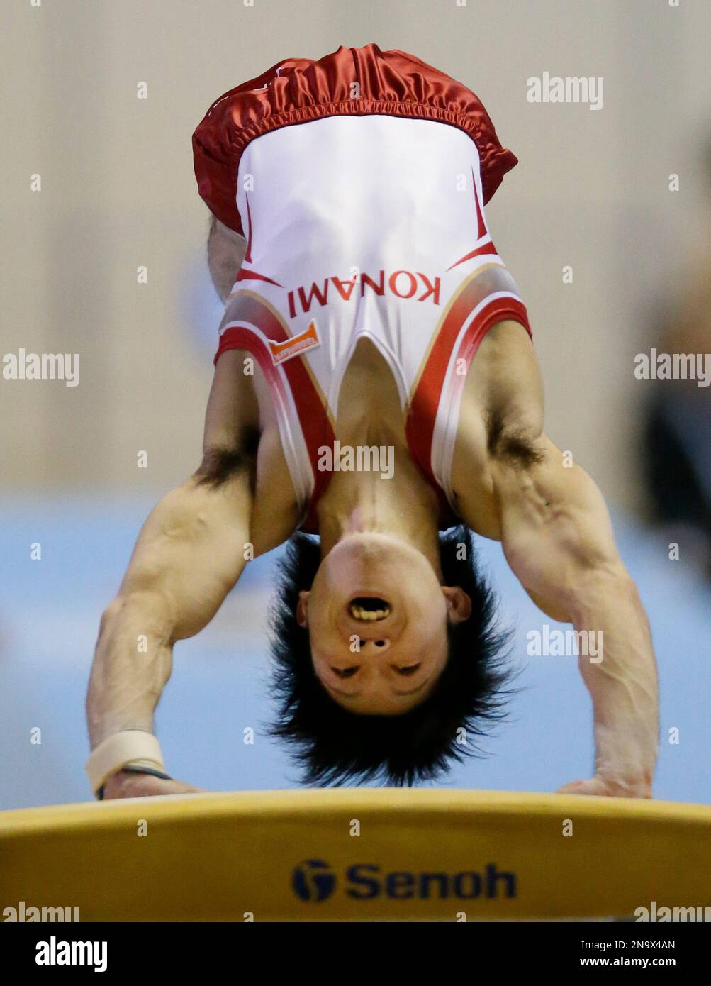 Japan's Kohei Uchimura performs in the vaulting table at NHK trophy ...