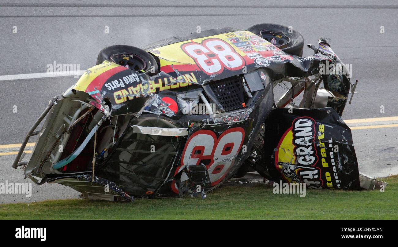Mike Affarano (83) comes to rest after flipping through the tri-oval ...