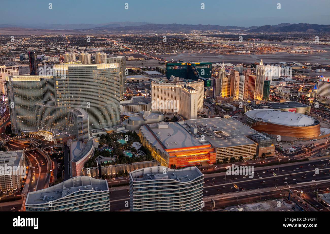 Aerial evening view of the Las Vegas Strip including ARIA Resort and Casino and the T-Mobile ...