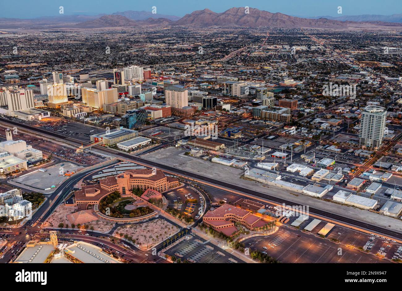 Aerial night view of Clark County Government Center in Las Vegas Stock ...