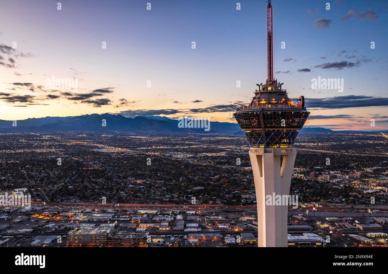 Aerial evening view of The Strat Hotel, Casino, and SkyPod in Las Vegas ...