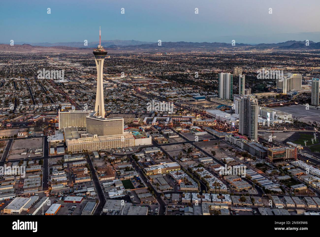 Aerial evening view of The Strat Hotel, Casino, and SkyPod in Las Vegas ...