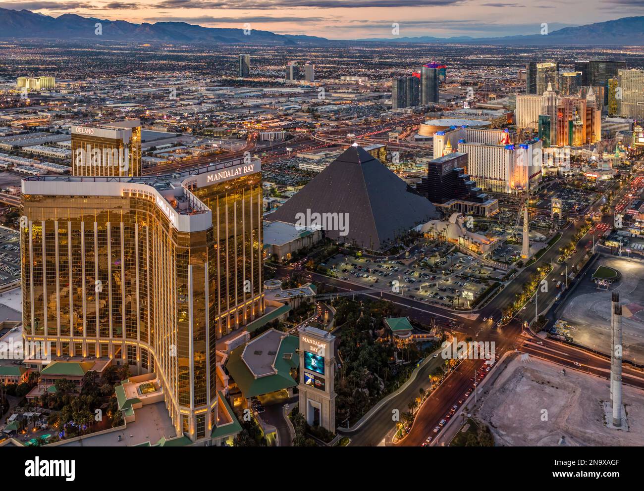 Aerial evening view of Las Vegas strip and famous hotel casinos ...