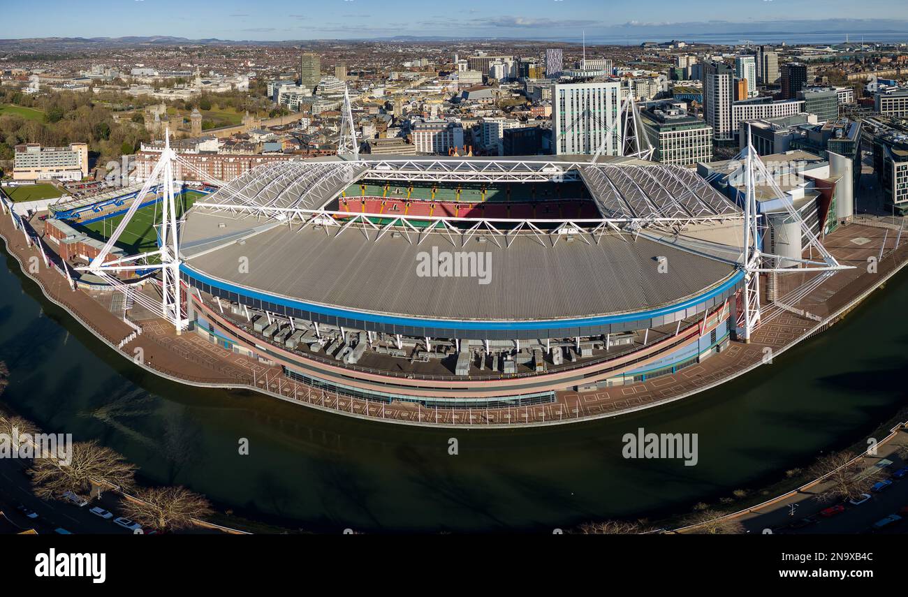 Aerial view of the centre of Cardiff and the Millennium (Principality ...