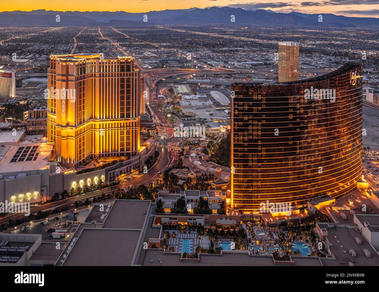 Aerial night view of Wynn and Palazzo with Trump Hotel in background ...