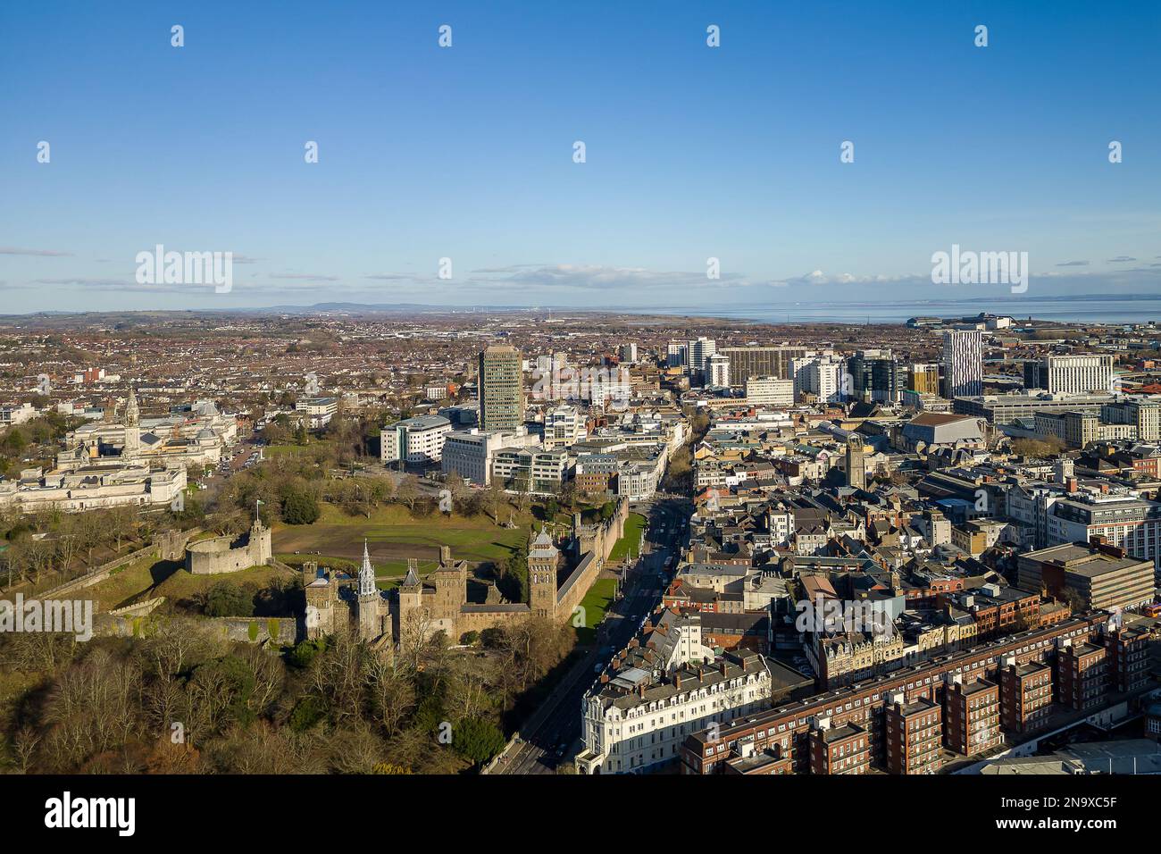 Aerial view of the centre of Cardiff including the castle, city hall ...