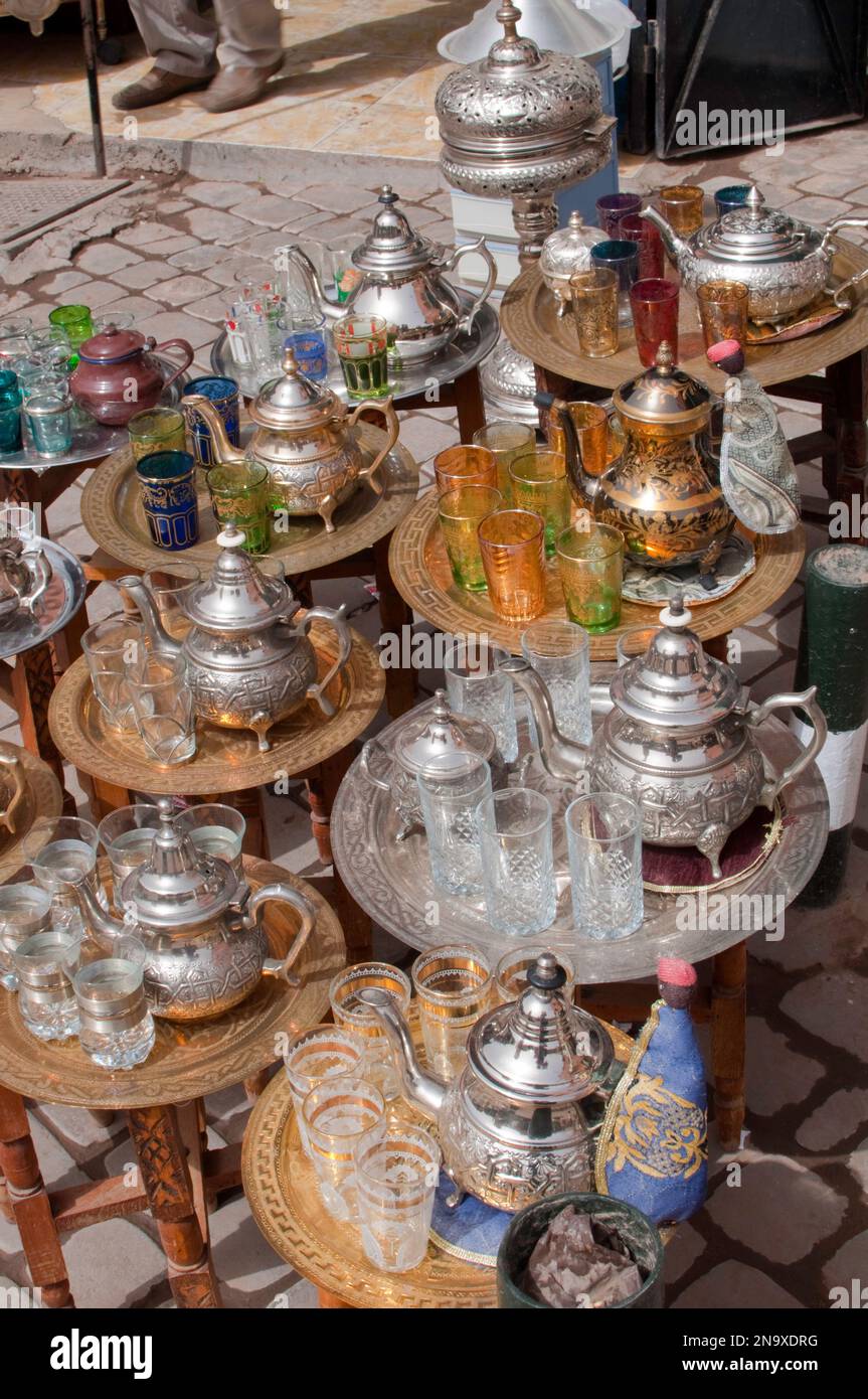 Assorted tea sets to sell in a street market in Marrakech, Morocco ...