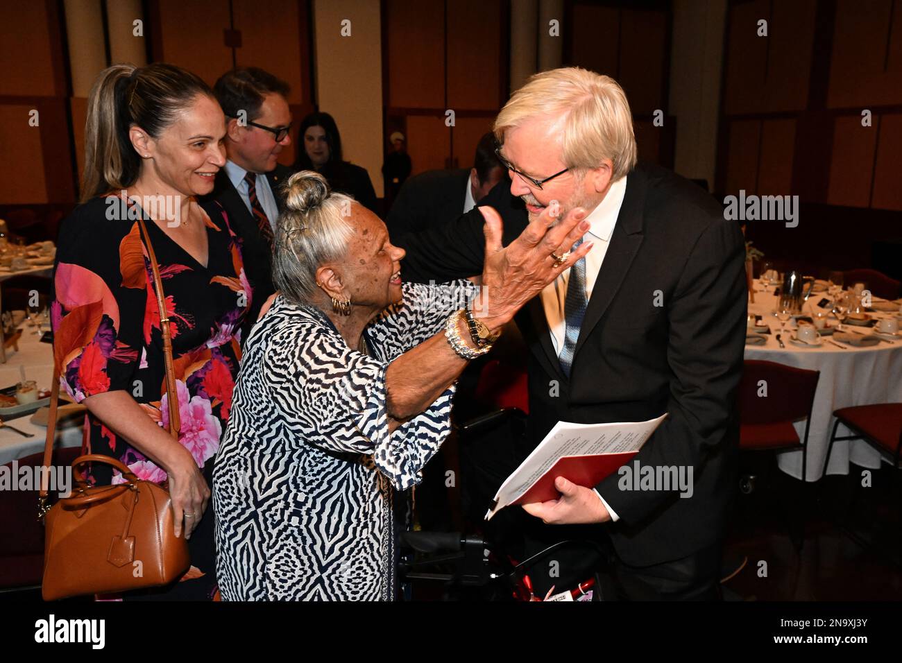 Indigenous elder Aunty Martha Watts hugs former prime Minister Kevin ...
