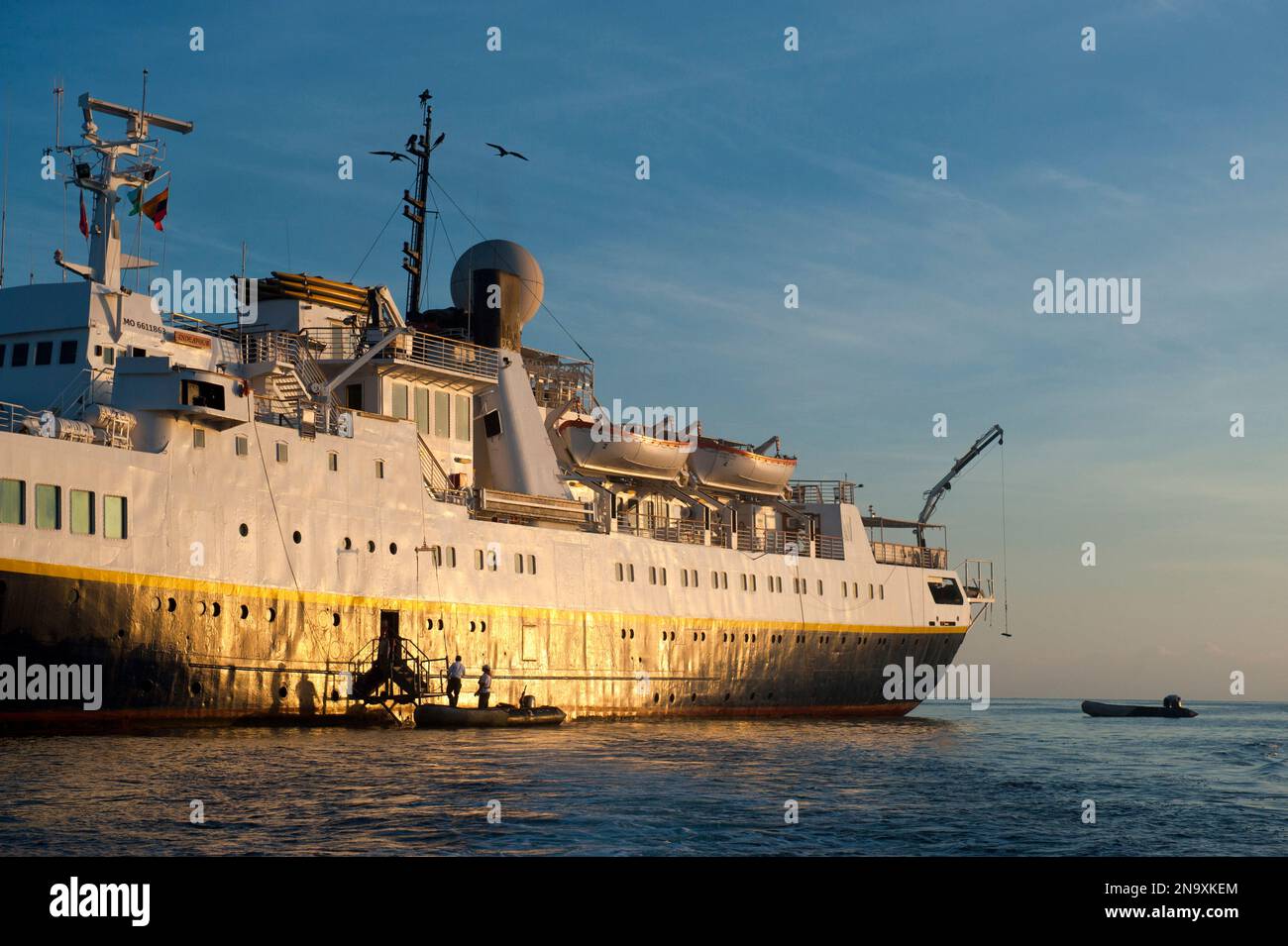 Cruise ship along the shore of Santa Cruz Island in the Galapagos ...
