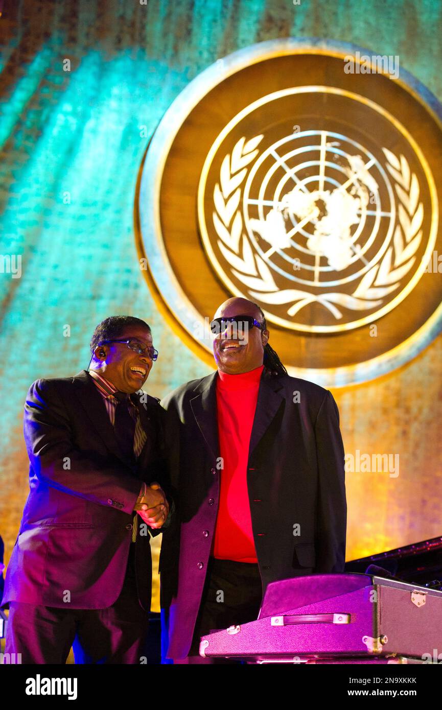 Herbie Hancock, left, and Stevie Wonder appear onstage during the ...