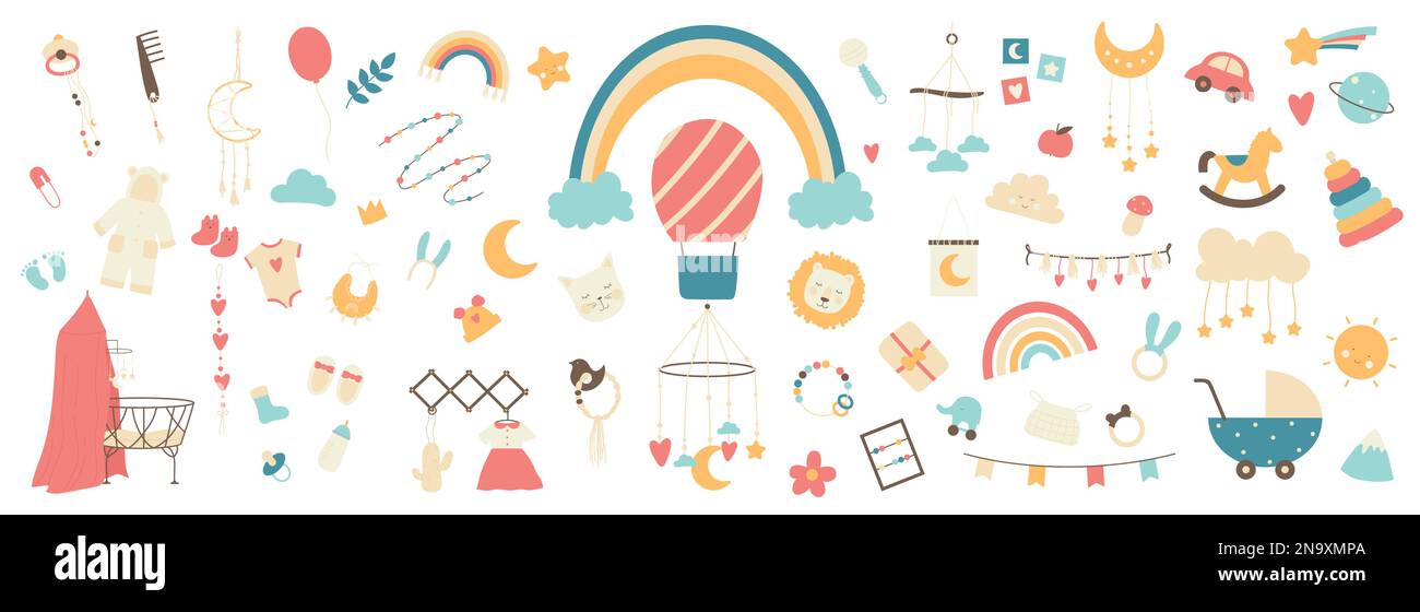 Cute baby boho set vector illustration. Cartoon nursery bohemian ...