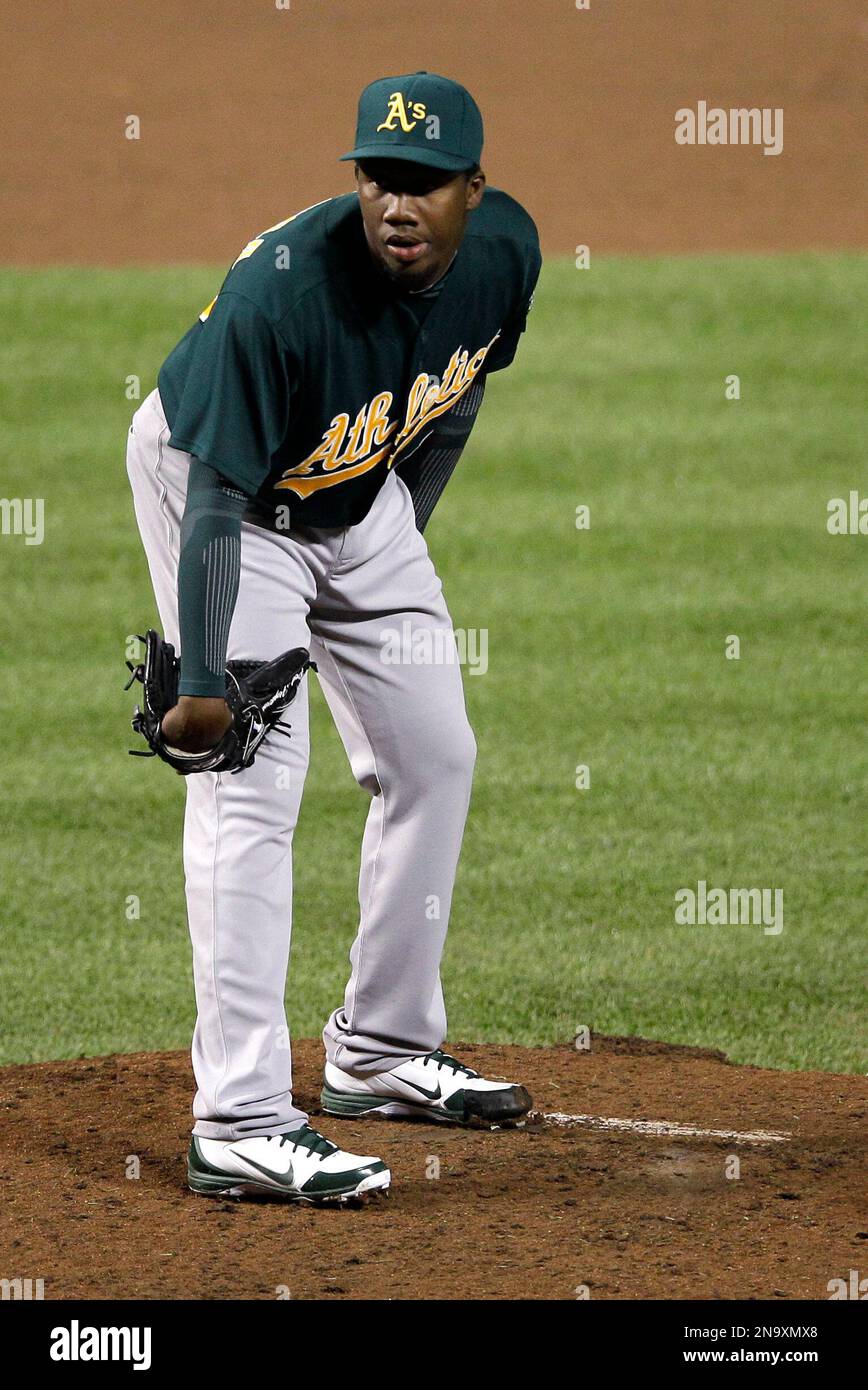 Oakland Athletics pitcher Pedro Figueroa prepares to throw to the ...
