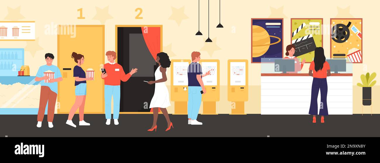 Cinema entrance and ticket check vector illustration. Cartoon people ...