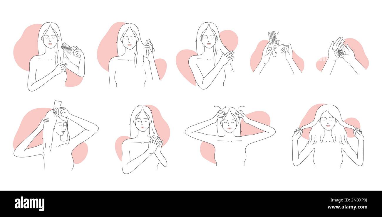 Damaged hair care, thin line infographic icons set vector illustration ...