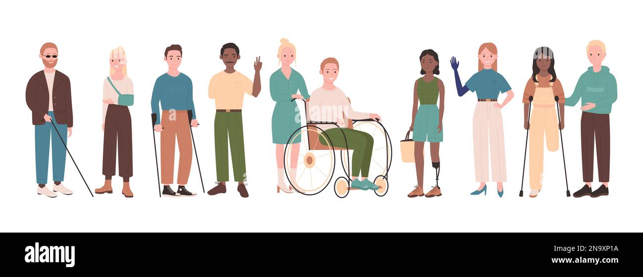 Diverse people with disability set vector illustration. Cartoon boy ...