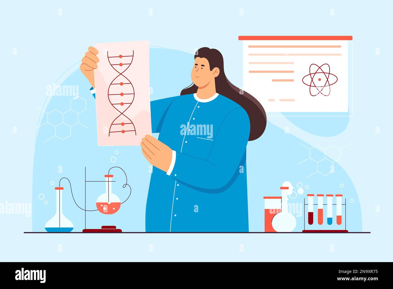 DNA laboratory research of female scientist vector illustration. Cartoon woman holding DNA helix ...