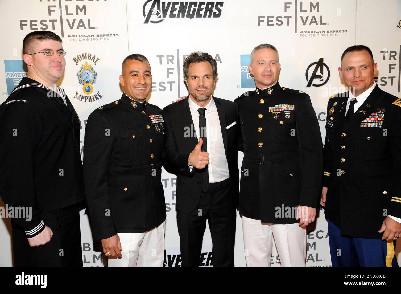 Actor Mark Ruffalo, center, poses with members of the U.S. Military ...